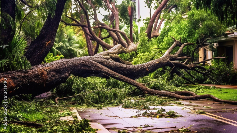 Fallen down big tree caused damage of yard fence after hurricane.AI ...