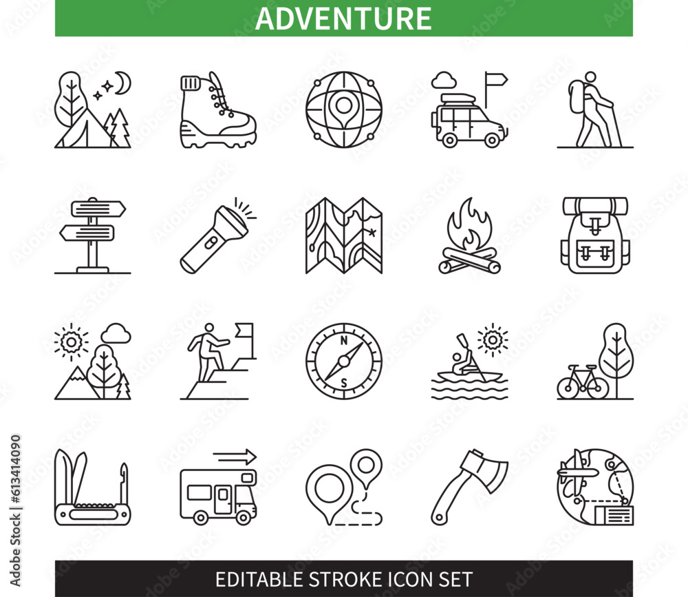 Editable line Adventure outline icon set. Campfire, Map, Camper Van ...