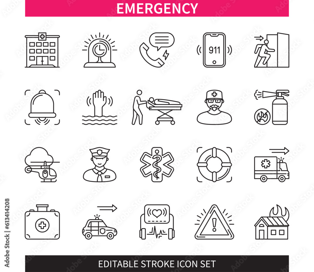 Editable line Emergency outline icon set. Injured Evacuation ...