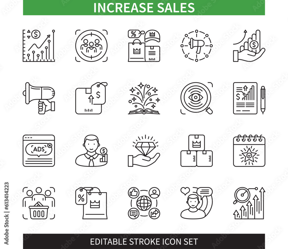 Editable line Increase sales outline icon set. Profit, Growth ...