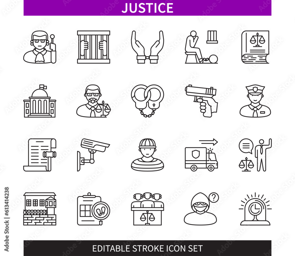 Editable line Justice outline icon set. Lawyer, Jail, Arrest, Judge ...