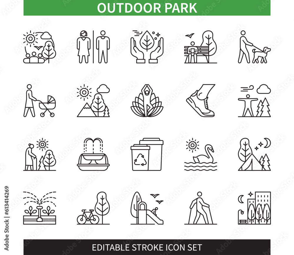 Editable line Outdoor Park outline icon set. Pond, Fountain, Dog ...