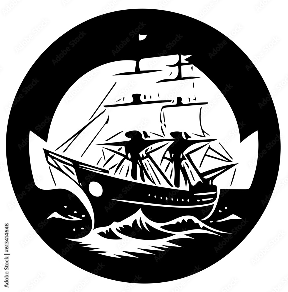 Black and white vector illustration of a big sailing ship, logo design ...