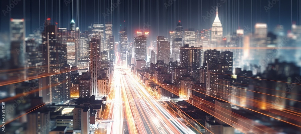 Urban city building background. Fast speed lights motion on highway ...