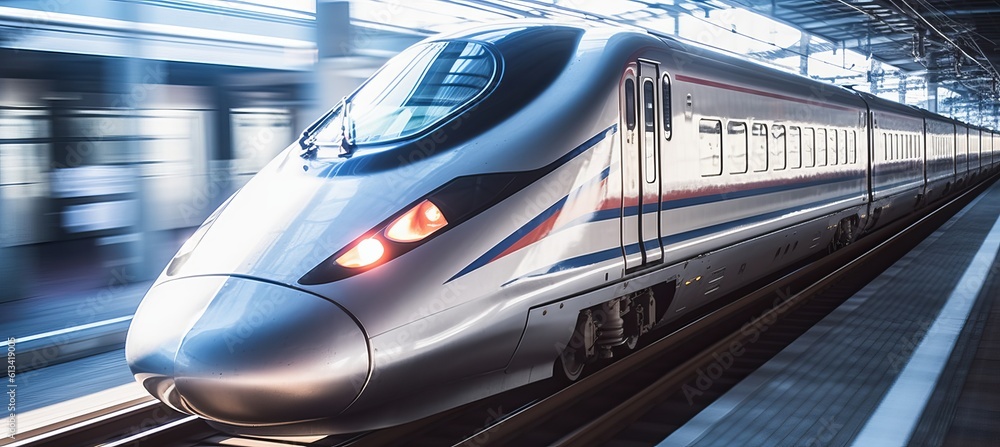 Modern bullet train at station background. Blurred speed motion effect ...