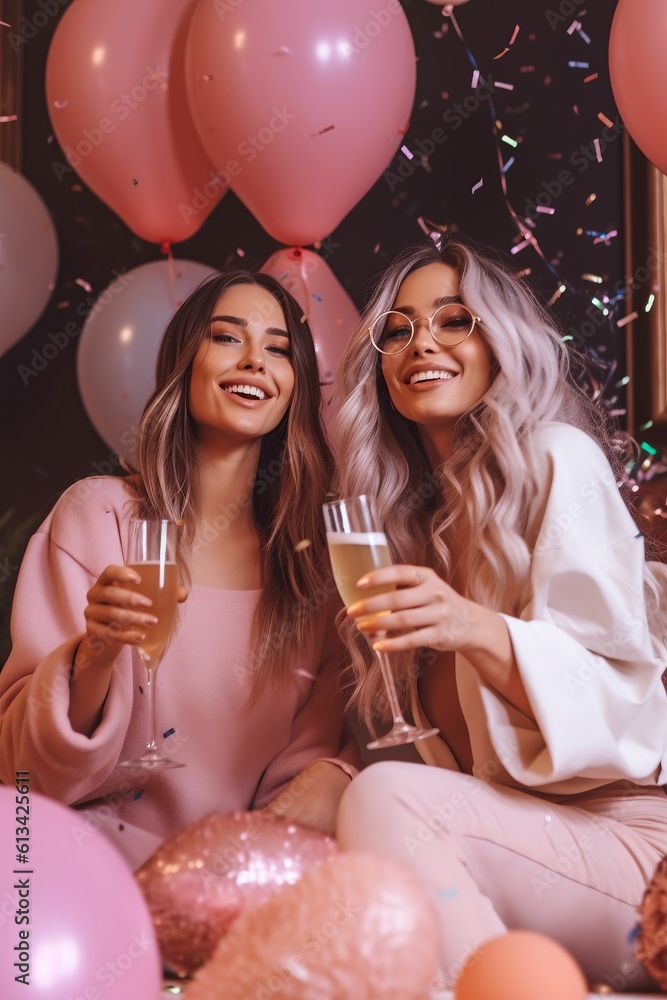 Two friends in y2k, y2k aesthetic pink celebrating the birthday party ...