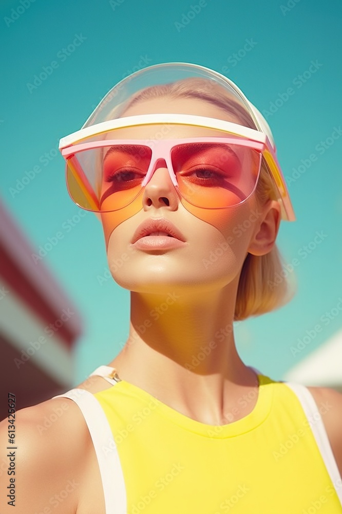 Beautiful blonde woman female girl model with futuristic hat posing on ...