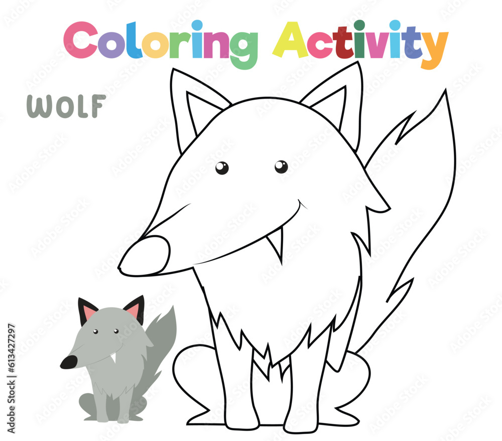 Colouring the cute cartoon wolf. Coloring activity for preschool and ...
