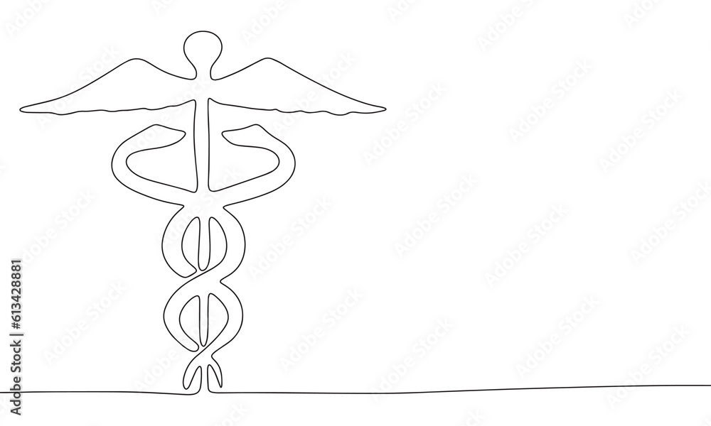 One Continuous line drawing of Caduceus as a symbol of medicine. Thin ...