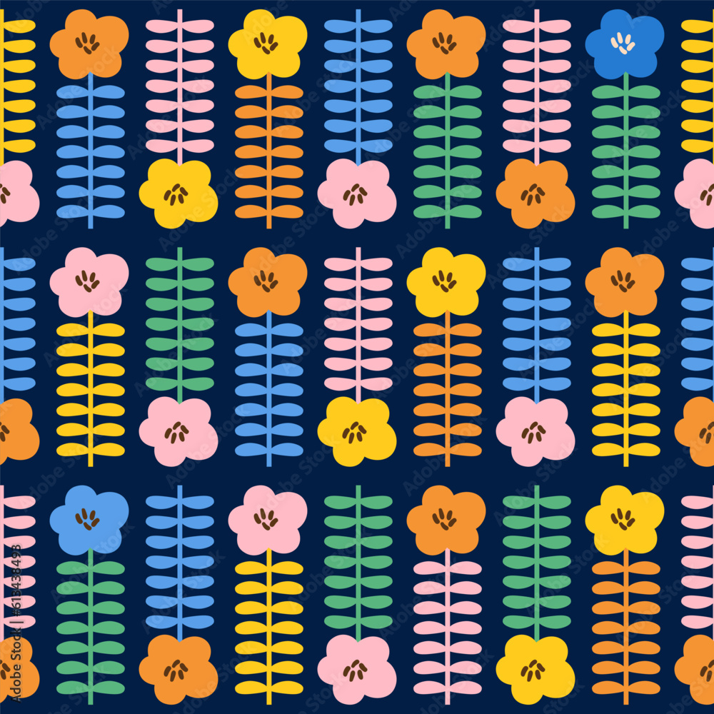 Scandinavian floral pattern. Vector simple flowers and leaves hand ...