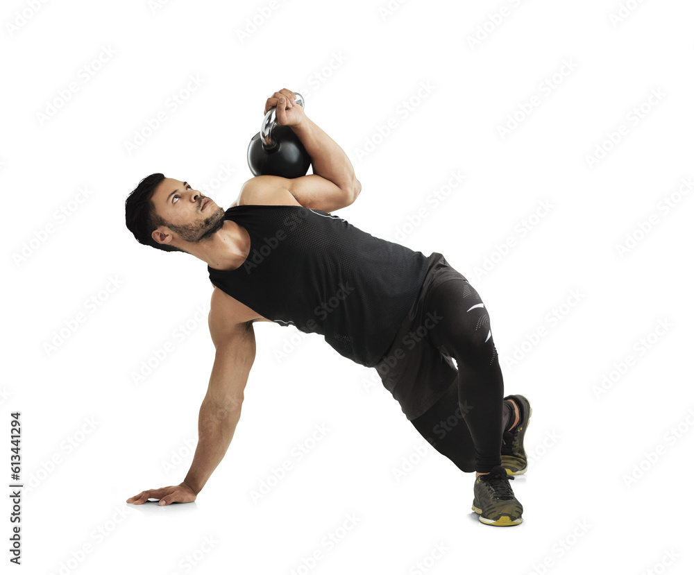 Fitness, strong and kettlebell workout with a man isolated on a ...