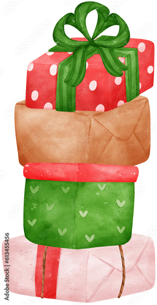 Cute stack of vibrant Christmas present papercraft box watercolor ...