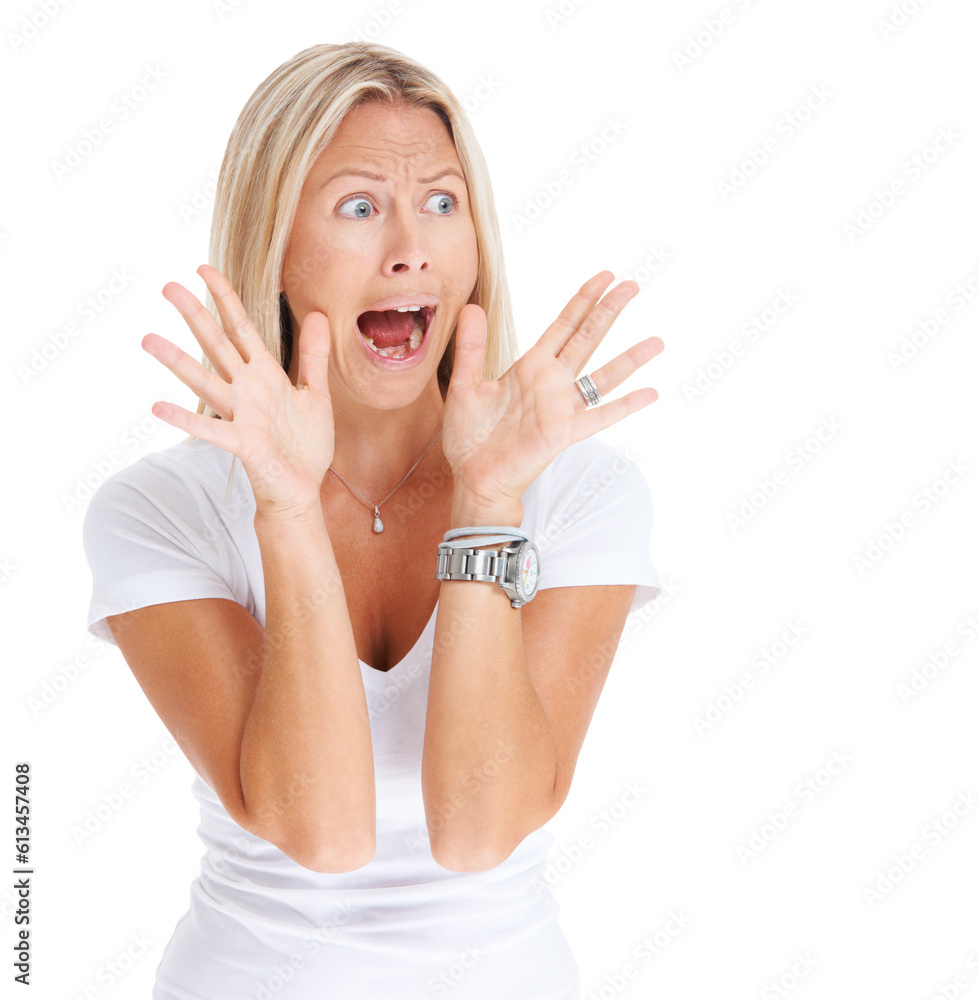Wow, surprise and scared with a shocked woman isolated on a transparent ...