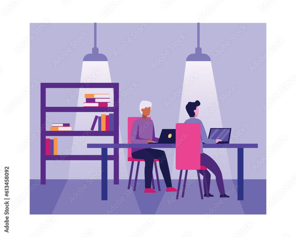 Cartoon employees work at laptops. Characters doing their job in shared ...