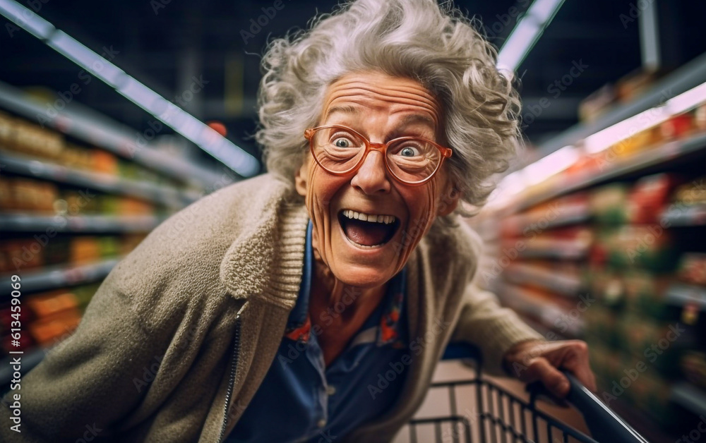 old housewife woman runs through the aisles of a supermarket with his ...
