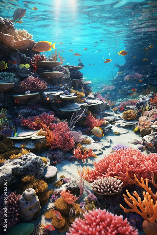 An artistic representation of endangered marine species, such as coral ...