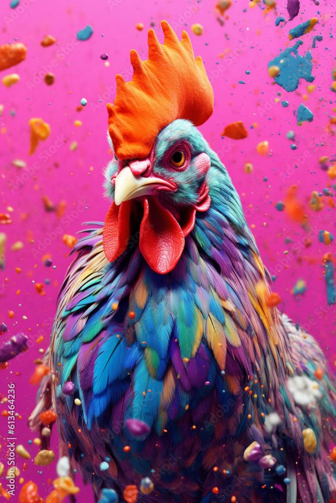 An abstract surreal photograph of a Chicken splashed in bright paint ...