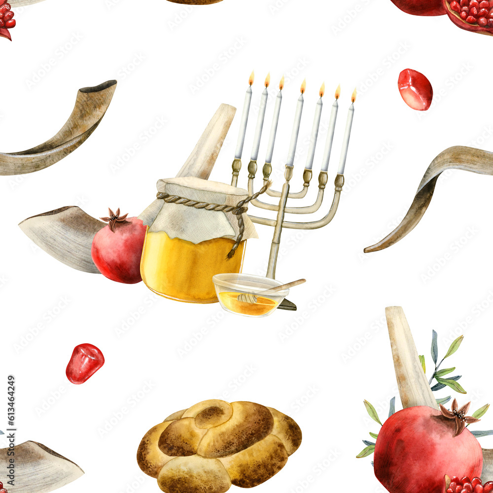 Rosh hashanah symbols watercolor seamless pattern on white background ...