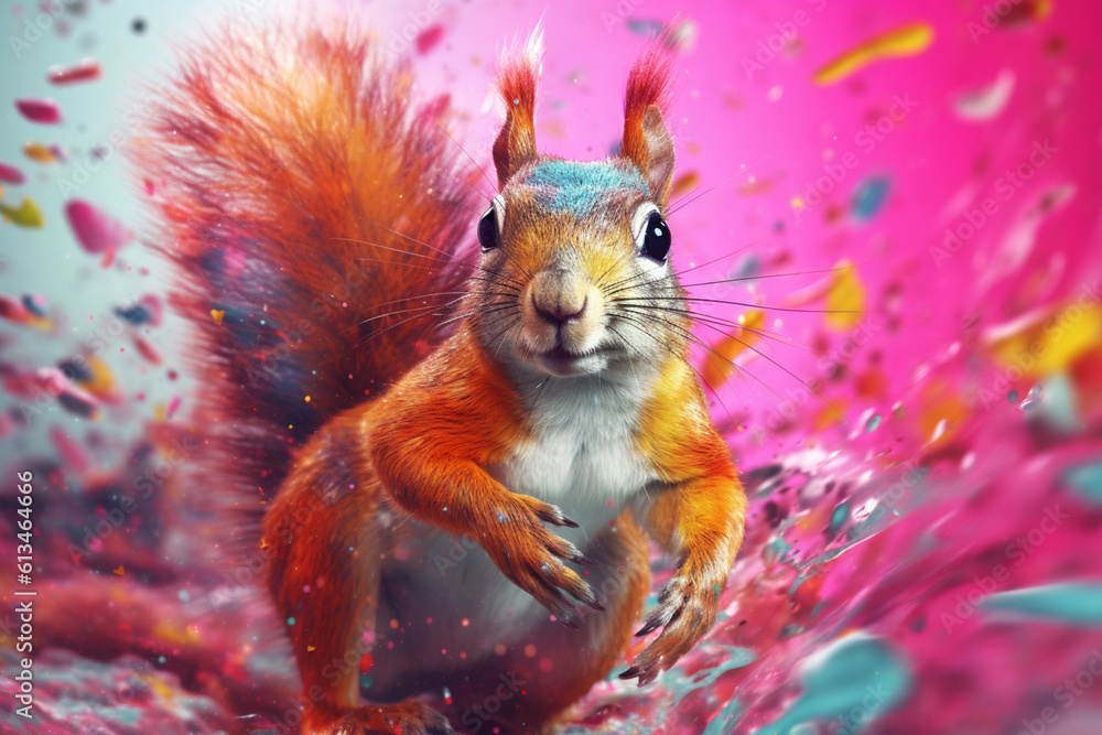An vibrant photograph of a Squirrel splashed in bright paint ...