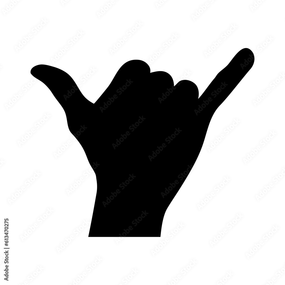 Logo club de surf. Silueta de mano con señal shaka. Mano con símbolo ...