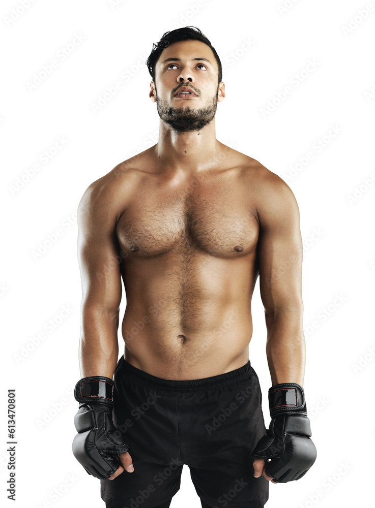 Fitness, thinking and exercise with a boxer man isolated on a ...