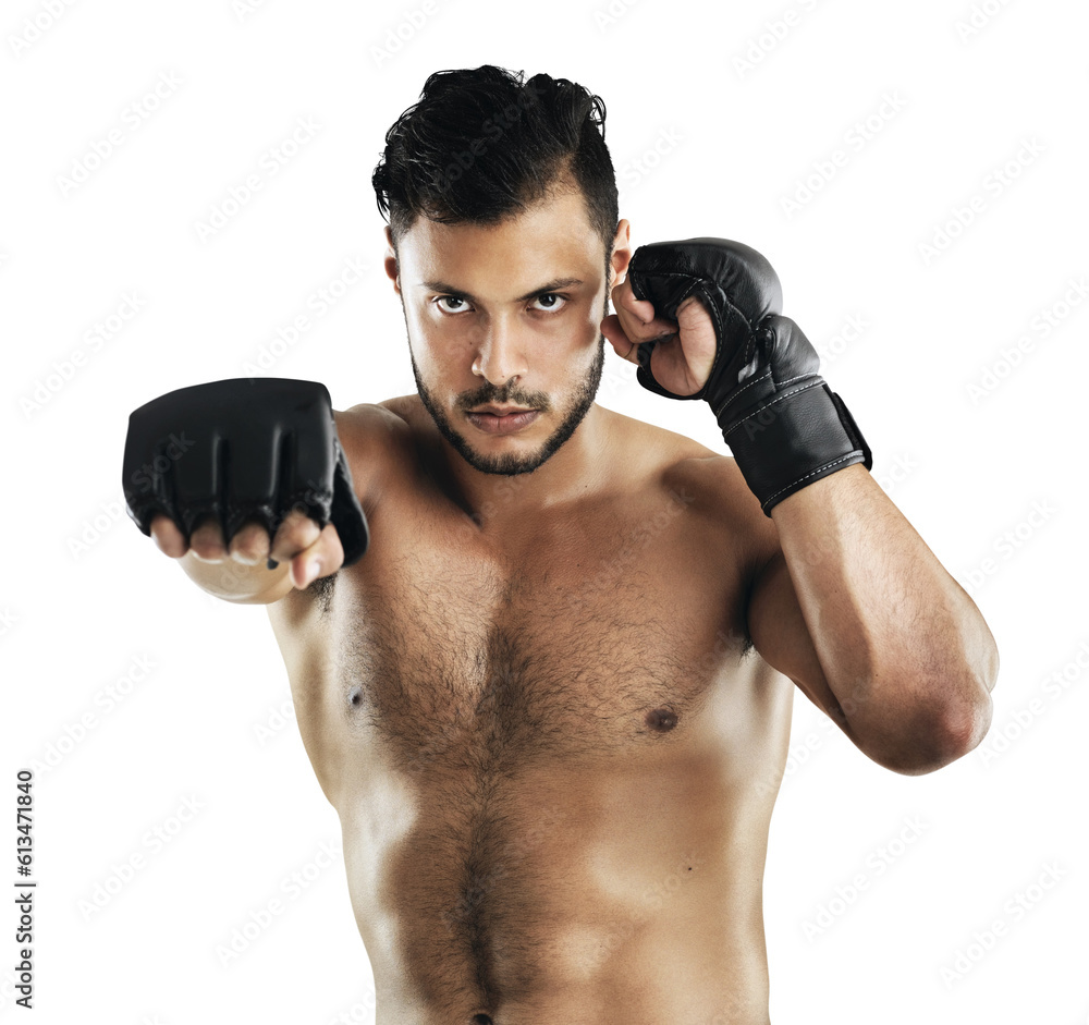 Isolated man, mma and punch in portrait with power, guard or training ...