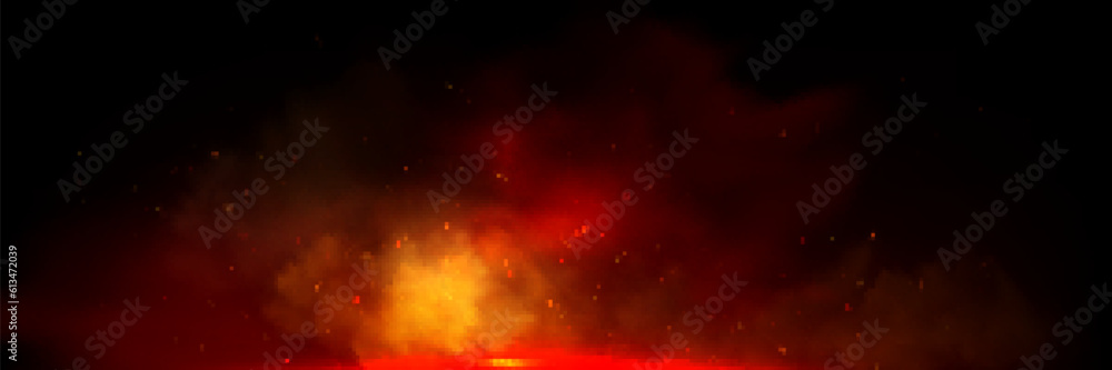 Fire spark overlay with smoke and flame background. Grill heat glow in ...
