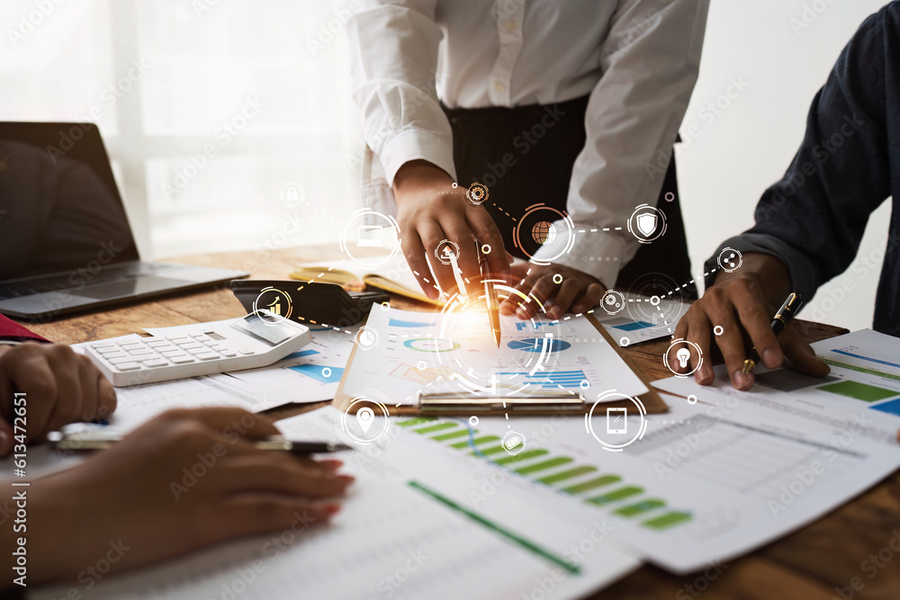 Business people process and workflow automation with flowchart ...