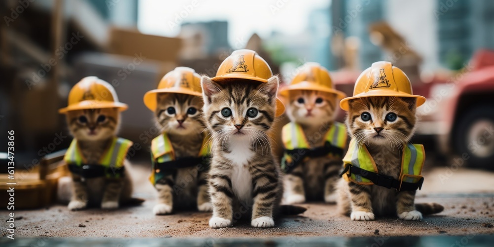 A group of small kittens wearing construction hats. Generative AI image. Stock Illustration ...