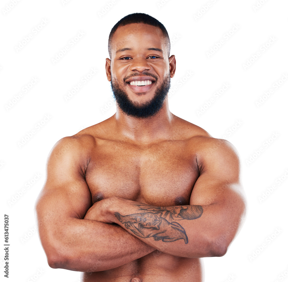 Muscular, crossed arms and portrait of a shirtless man with confidence ...