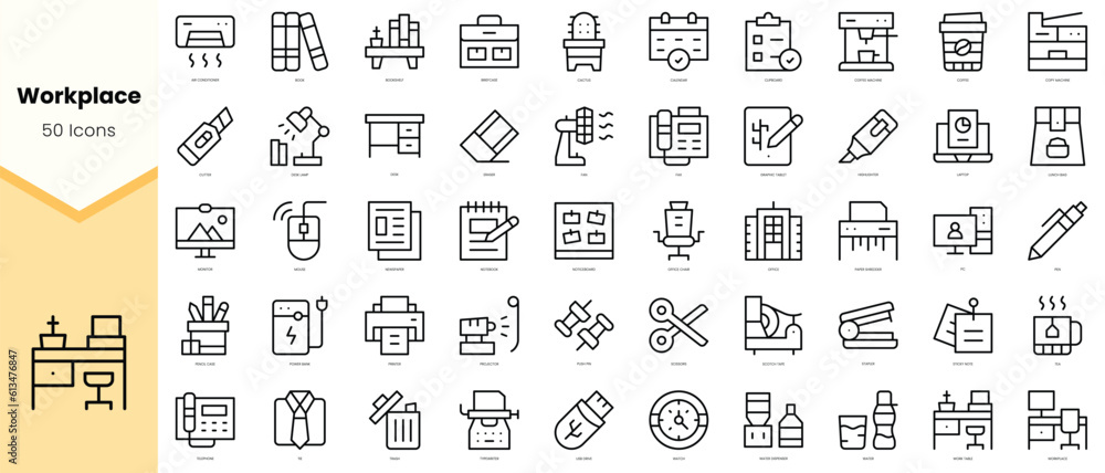 Set of workplace Icons. Simple line art style icons pack. Vector ...