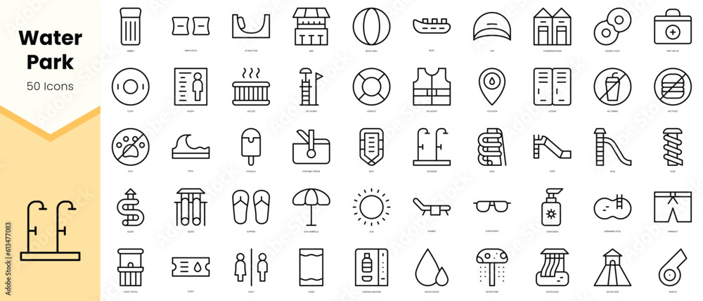 Set of water park Icons. Simple line art style icons pack. Vector ...