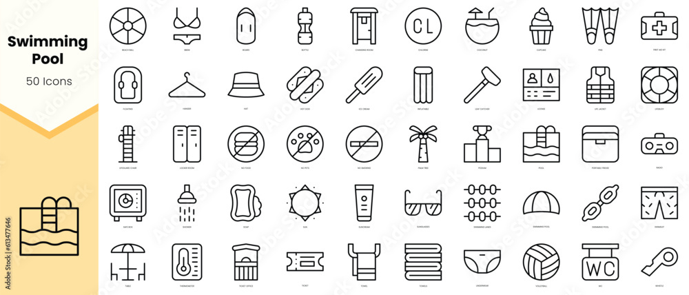Set of swimming pool Icons. Simple line art style icons pack. Vector ...