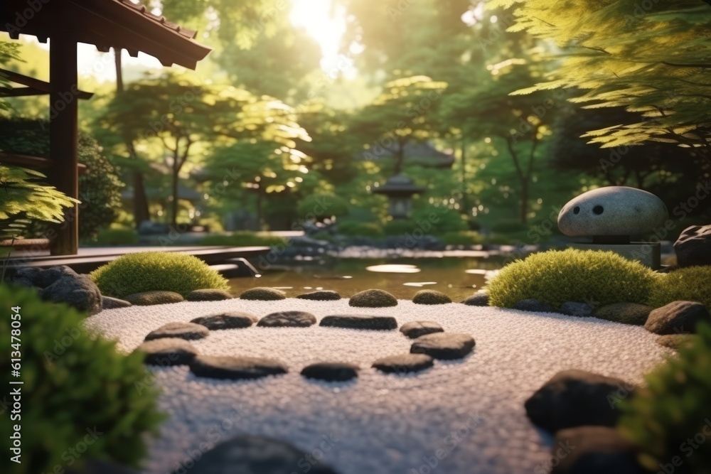 Tranquil Japanese Zen garden with meticulously raked gravel, lush ...