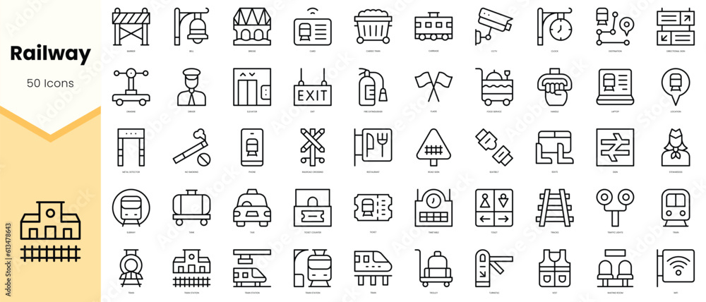 Set of railway Icons. Simple line art style icons pack. Vector ...