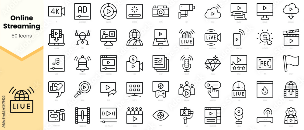Set of online streaming Icons. Simple line art style icons pack. Vector ...