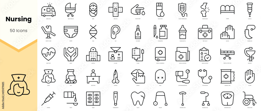 Set of nursing Icons. Simple line art style icons pack. Vector ...
