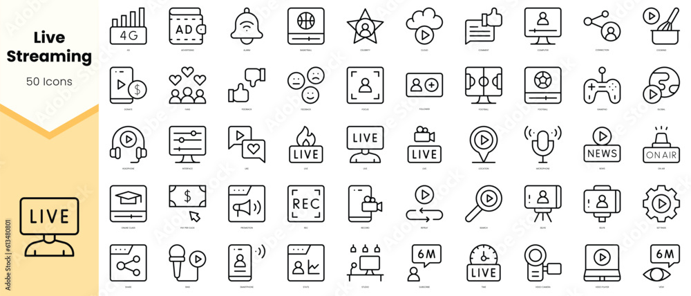 Set of live streaming Icons. Simple line art style icons pack. Vector ...