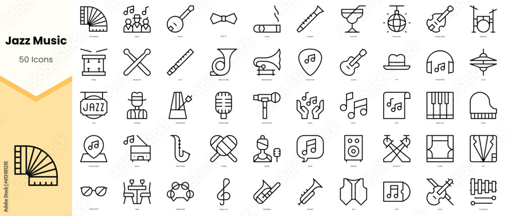 Set of jazz music Icons. Simple line art style icons pack. Vector ...