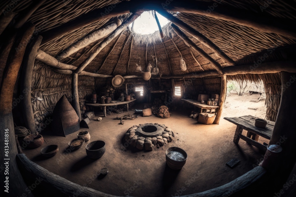 Interior of an ancient hut. Old room. The dwelling of ancient people ...