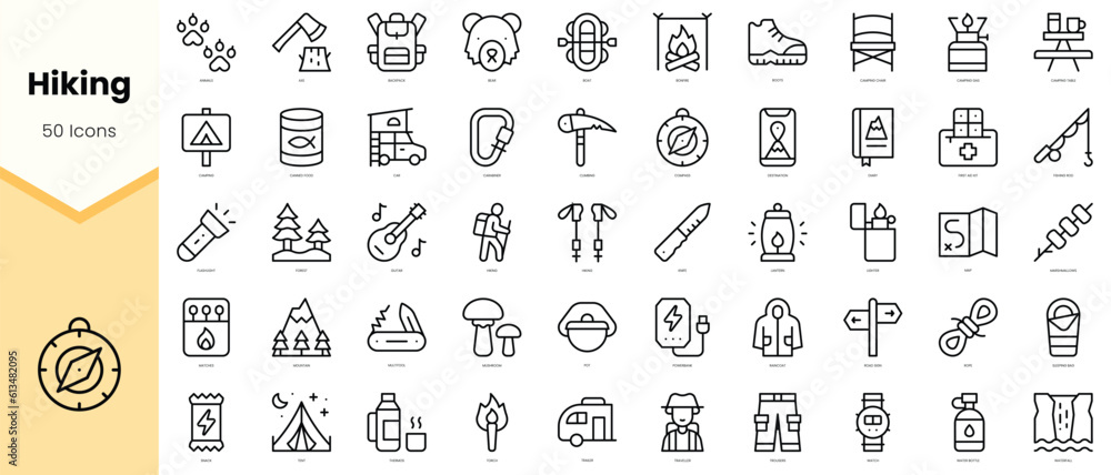 Set of hiking Icons. Simple line art style icons pack. Vector ...