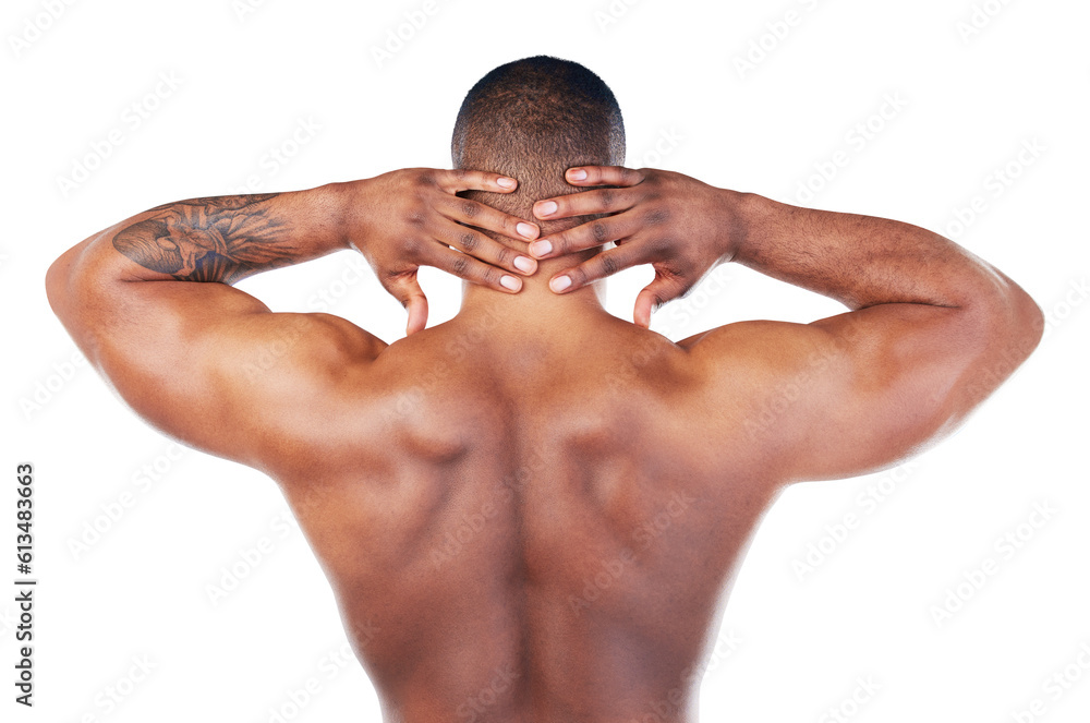 Sports, back and black man with neck pain, injury or accident for ...