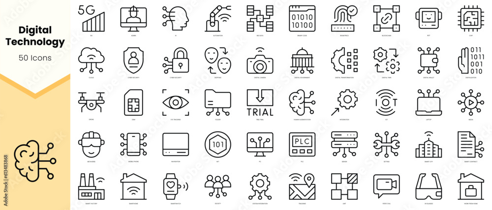 Set of digital technology Icons. Simple line art style icons pack ...