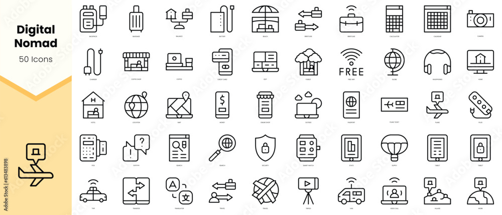 Set of digital nomad Icons. Simple line art style icons pack. Vector ...