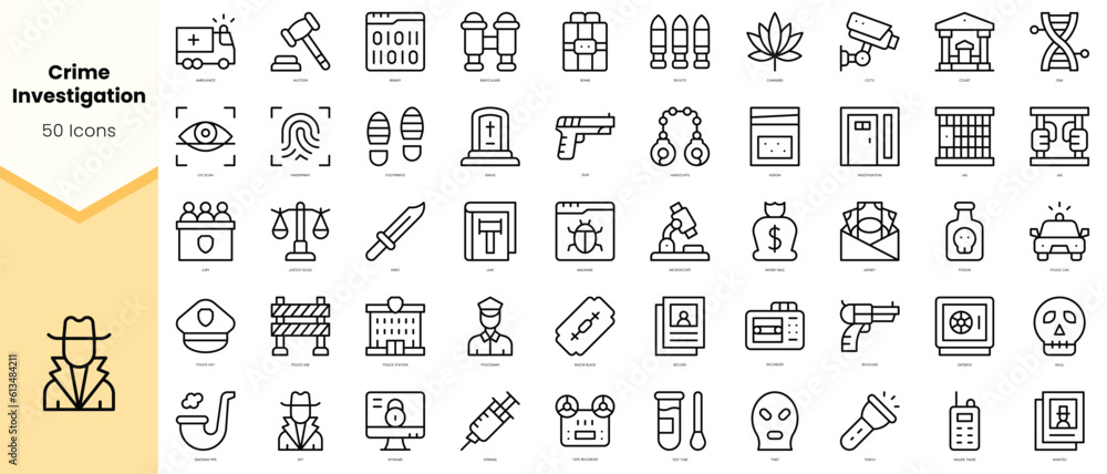 Set of crime investigation Icons. Simple line art style icons pack ...