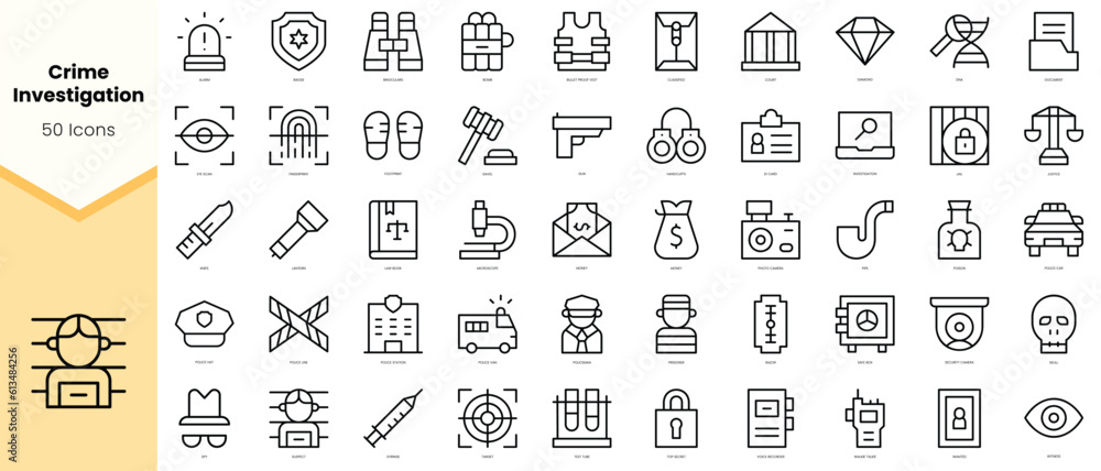 Set of crime investigation Icons. Simple line art style icons pack ...