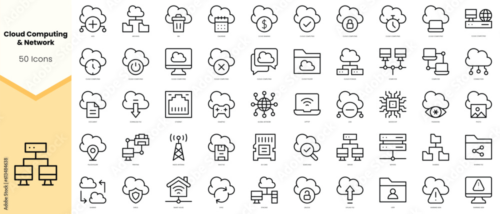 Set of cloud computing and network Icons. Simple line art style icons ...