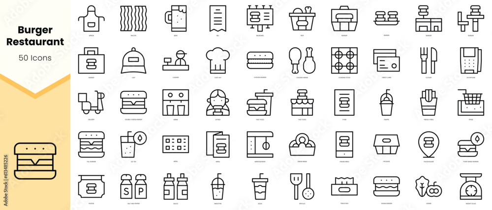 Set of burger restaurant Icons. Simple line art style icons pack ...