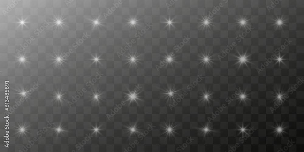 Sparkling stars, twinkling and flashing lights. Collection of various light effects on a ...
