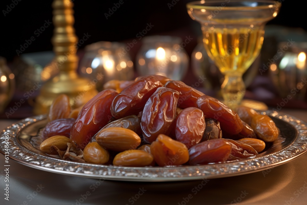 Plate filled with dates and nuts, traditional foods commonly consumed ...
